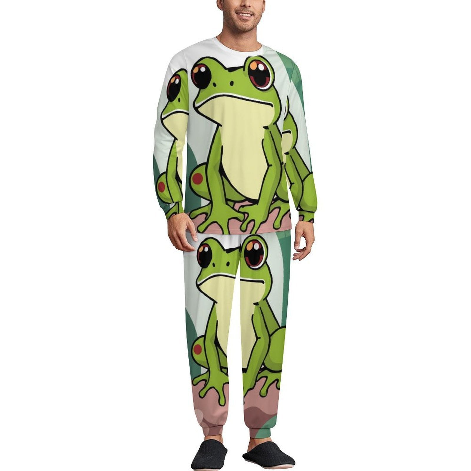 Cartoon Frog Pajamas Mens Warm Sleepwear Autumn Long Sleeve 2 Pieces ...
