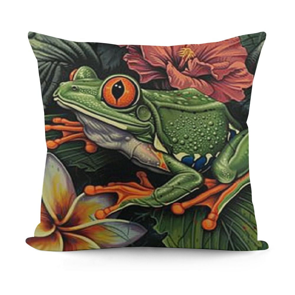 Cartoon Frog Pillow Cover Green Plantain Leaf Tropical Plants Cushion ...