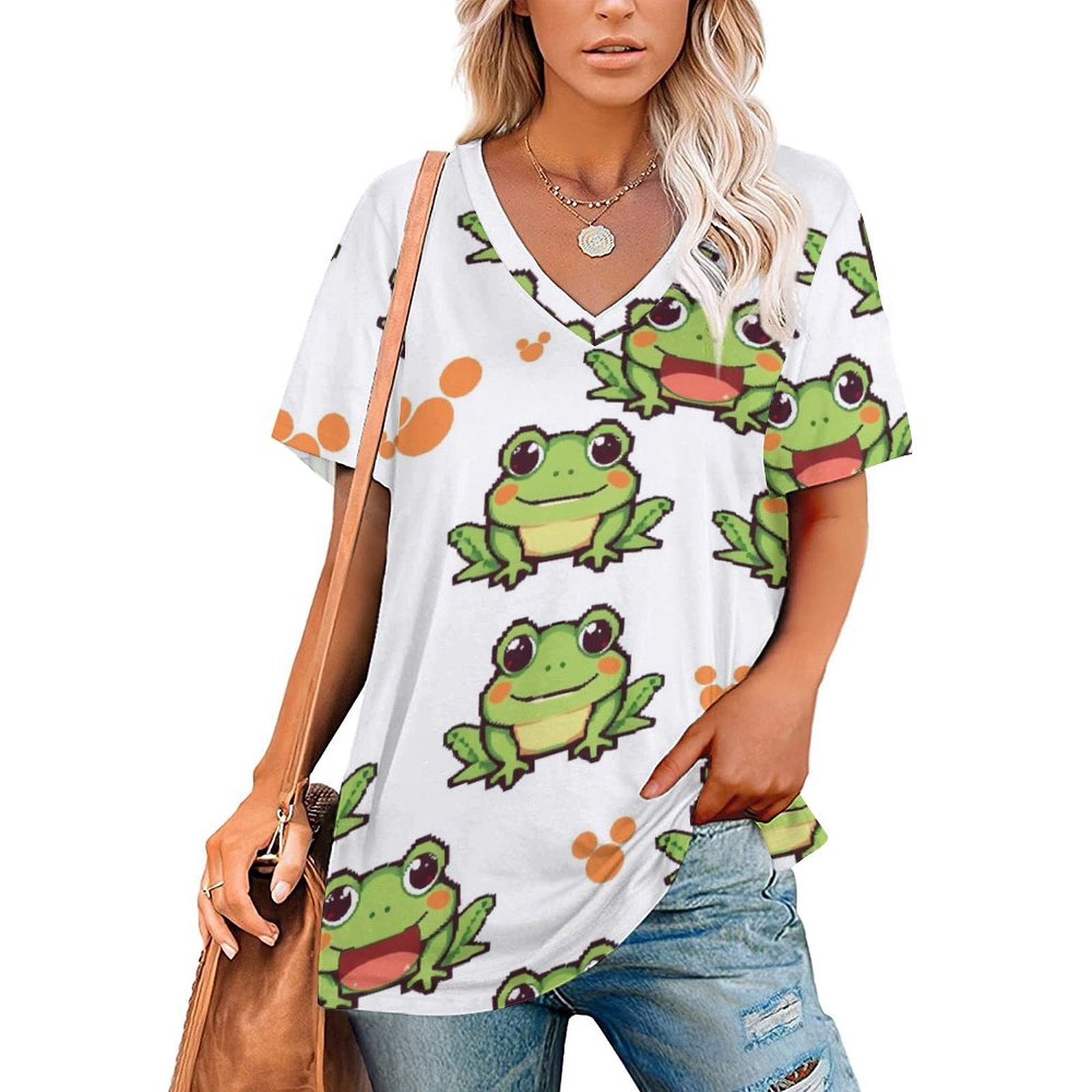 Cartoon Frog T Shirts V Neck Short-Sleeve Printed Tshirt Women Classic ...