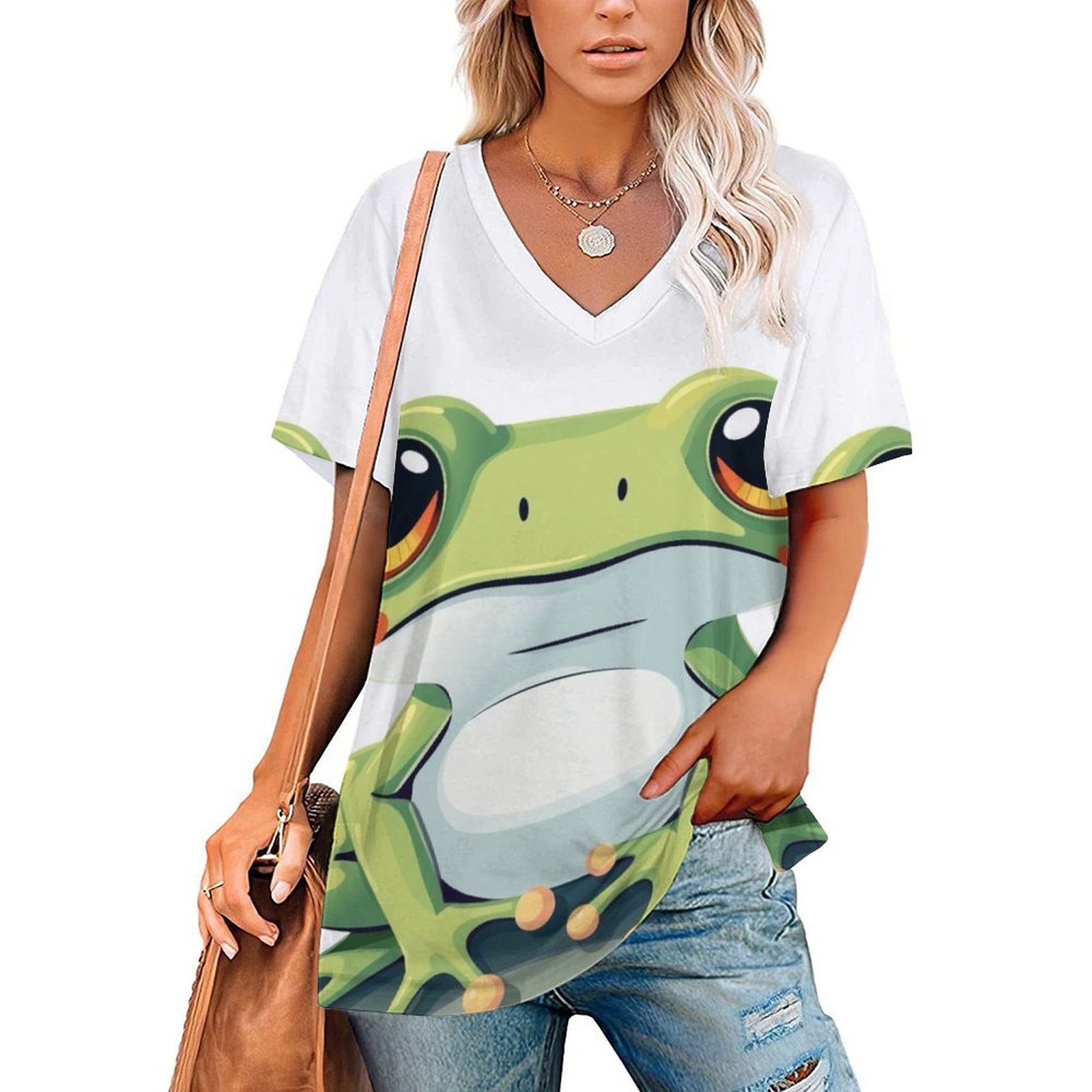 Cartoon Frog T Shirts V Neck Short-Sleeve Printed Tshirt Women Classic ...