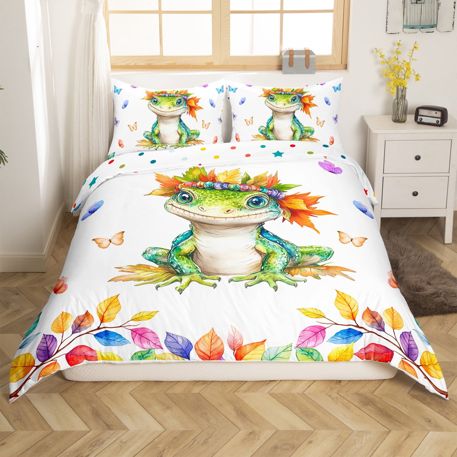 Cartoon Frog Twin Duvet Cover Cute Animal Bedding Set, Kawaii Polka ...