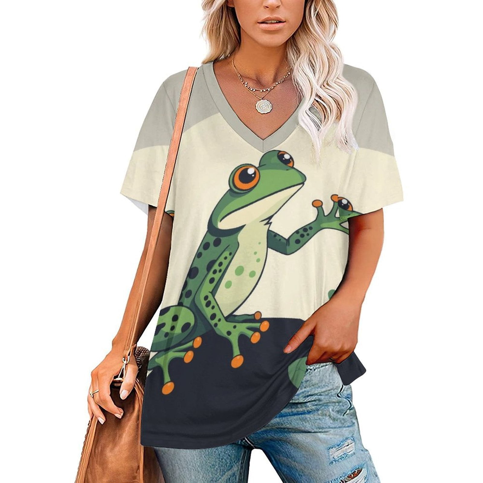 Cartoon Frog V Neck Fashion Oversize T-Shirt Short Sleeve Aesthetic Tee ...