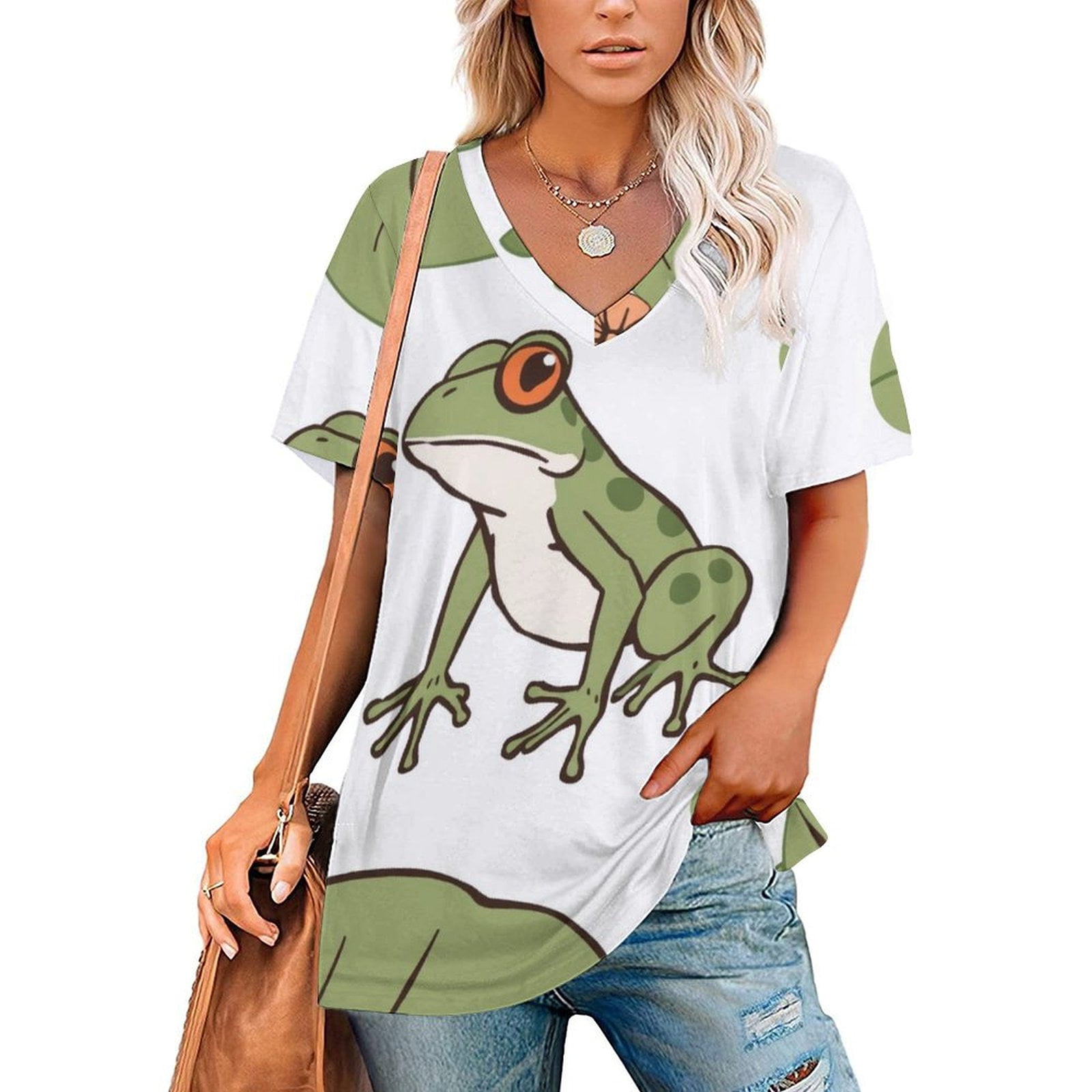 Cartoon Frog V Neck Fashion Oversize T-Shirt Short Sleeve Aesthetic Tee ...