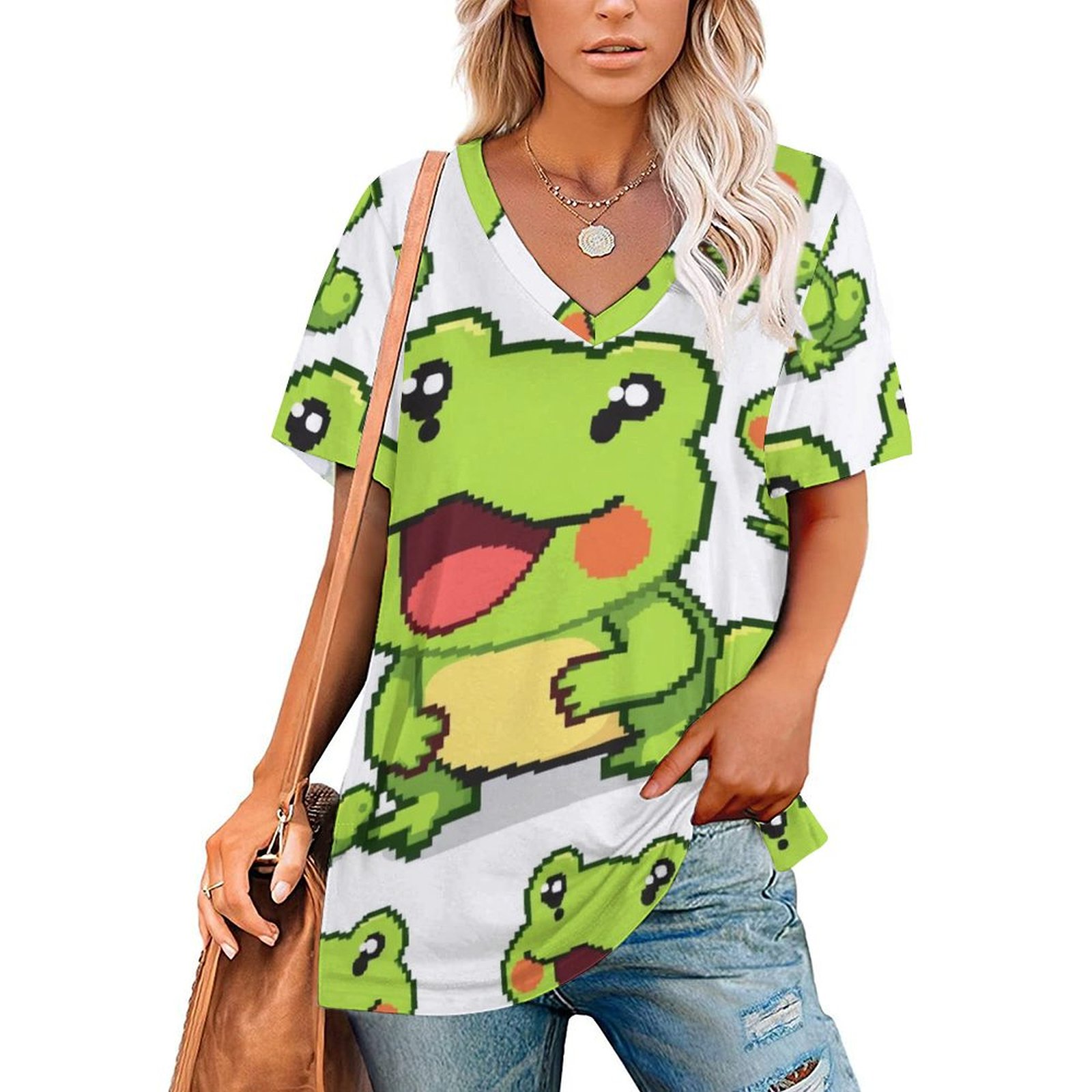 Cartoon Frog V Neck Fashion Oversize T-Shirt Short Sleeve Aesthetic Tee ...
