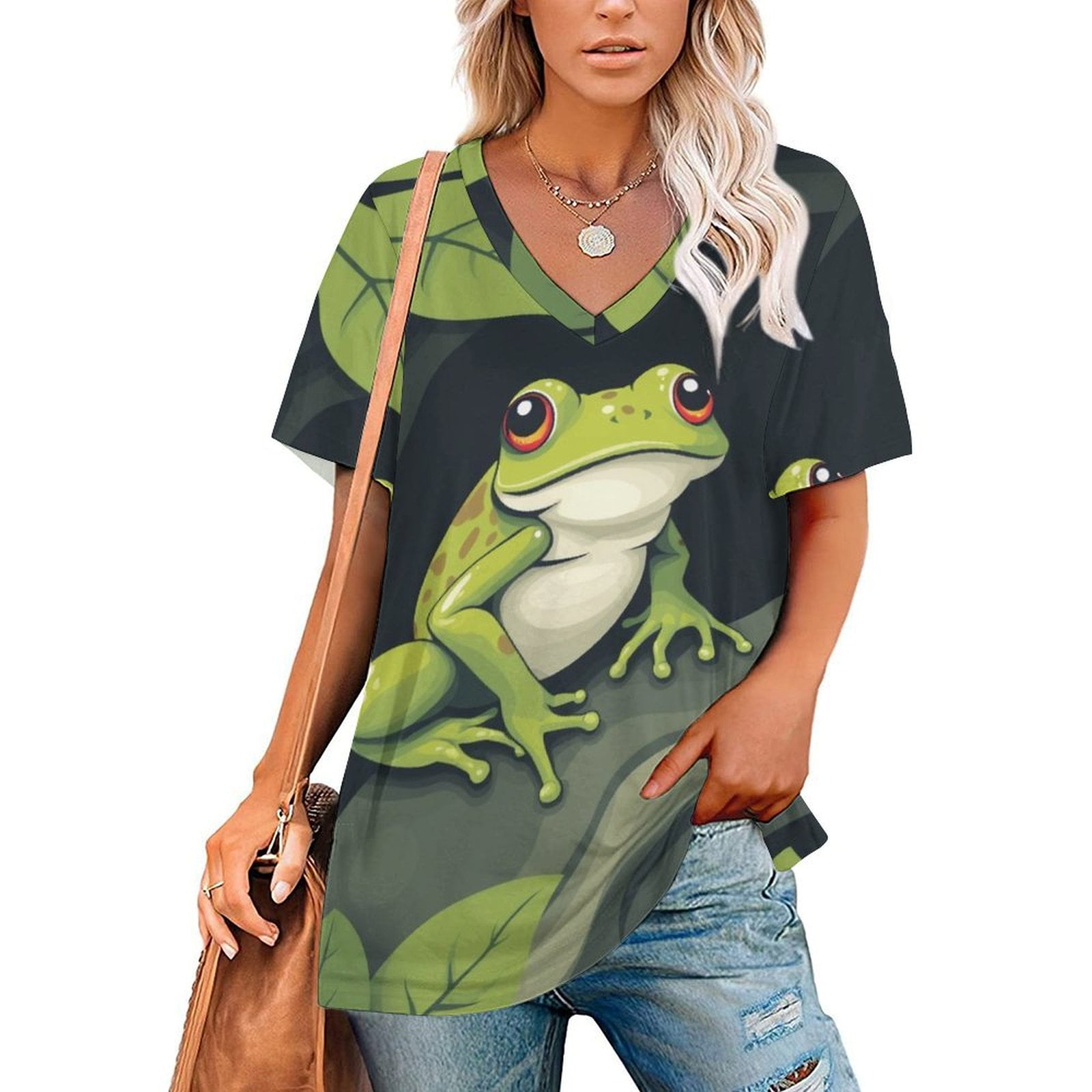 Cartoon Frog V Neck Fashion Oversize T-Shirt Short Sleeve Aesthetic Tee ...
