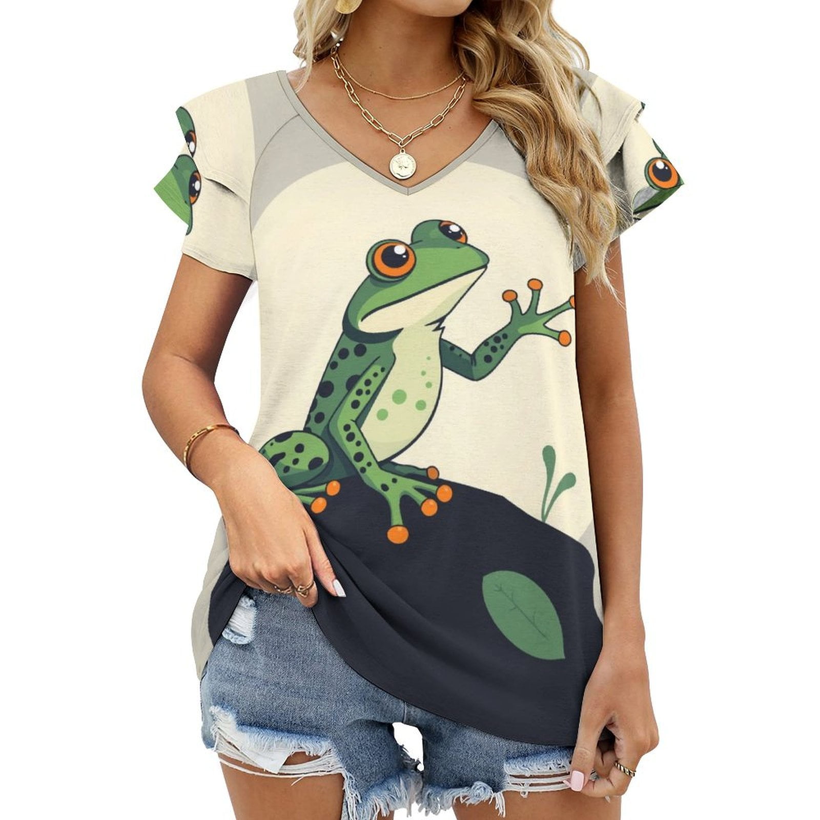 Cartoon Frog Women Lotus Leaf Neck Short Sleeve Top Female Summer Women ...