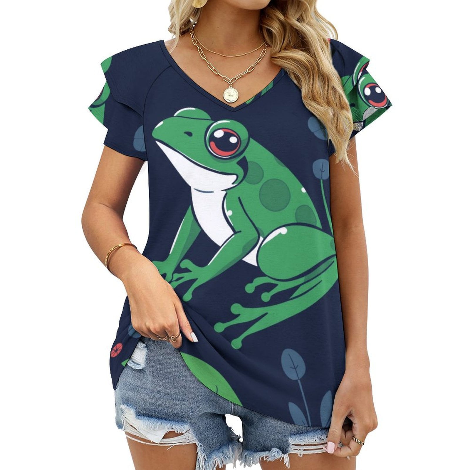 Cartoon Frog Women Lotus Leaf Neck Short Sleeve Top V-Neck Shirt Ladies ...