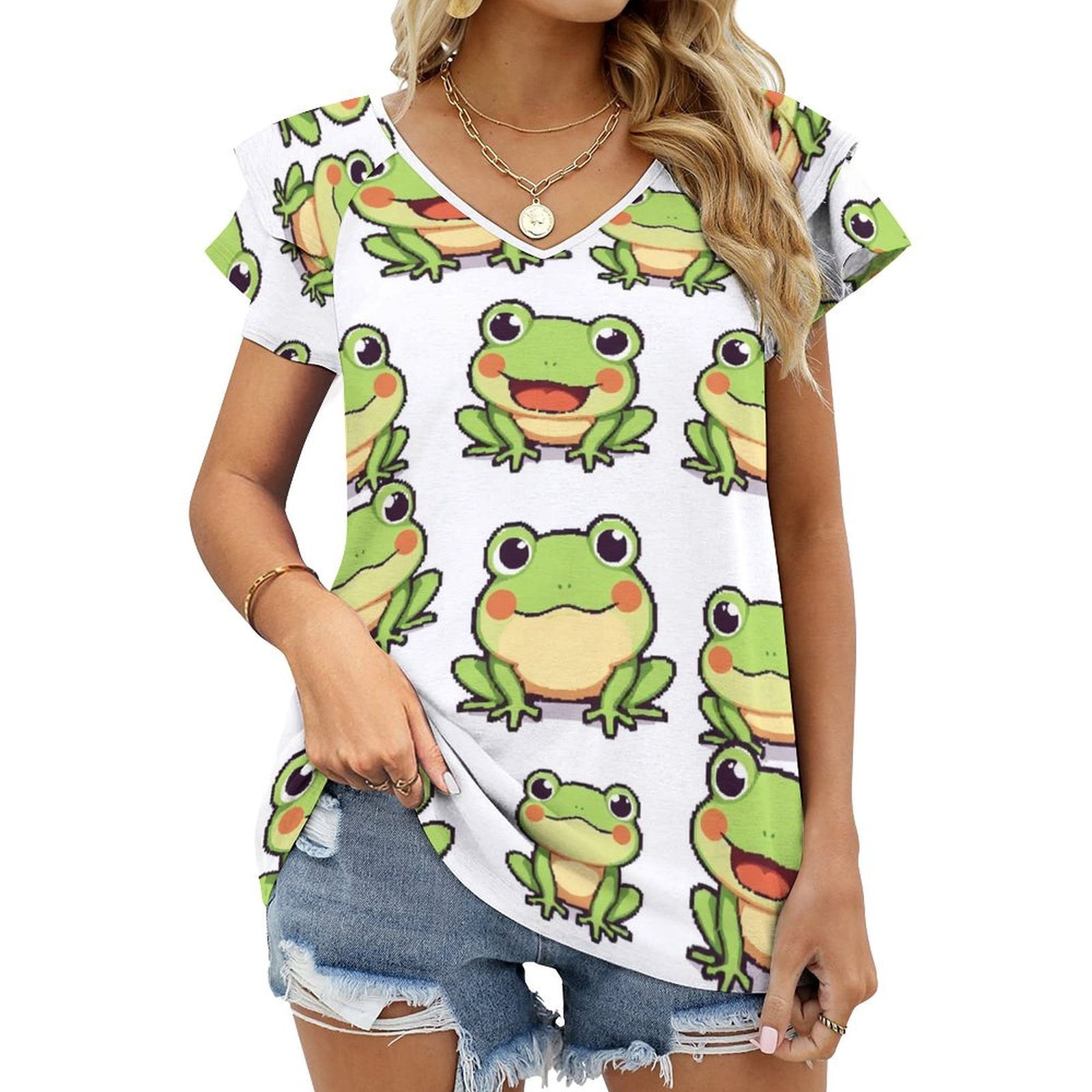 Cartoon Frog Women T Shirt V Neck Top Lotus Leaf Neck Women Clothing ...