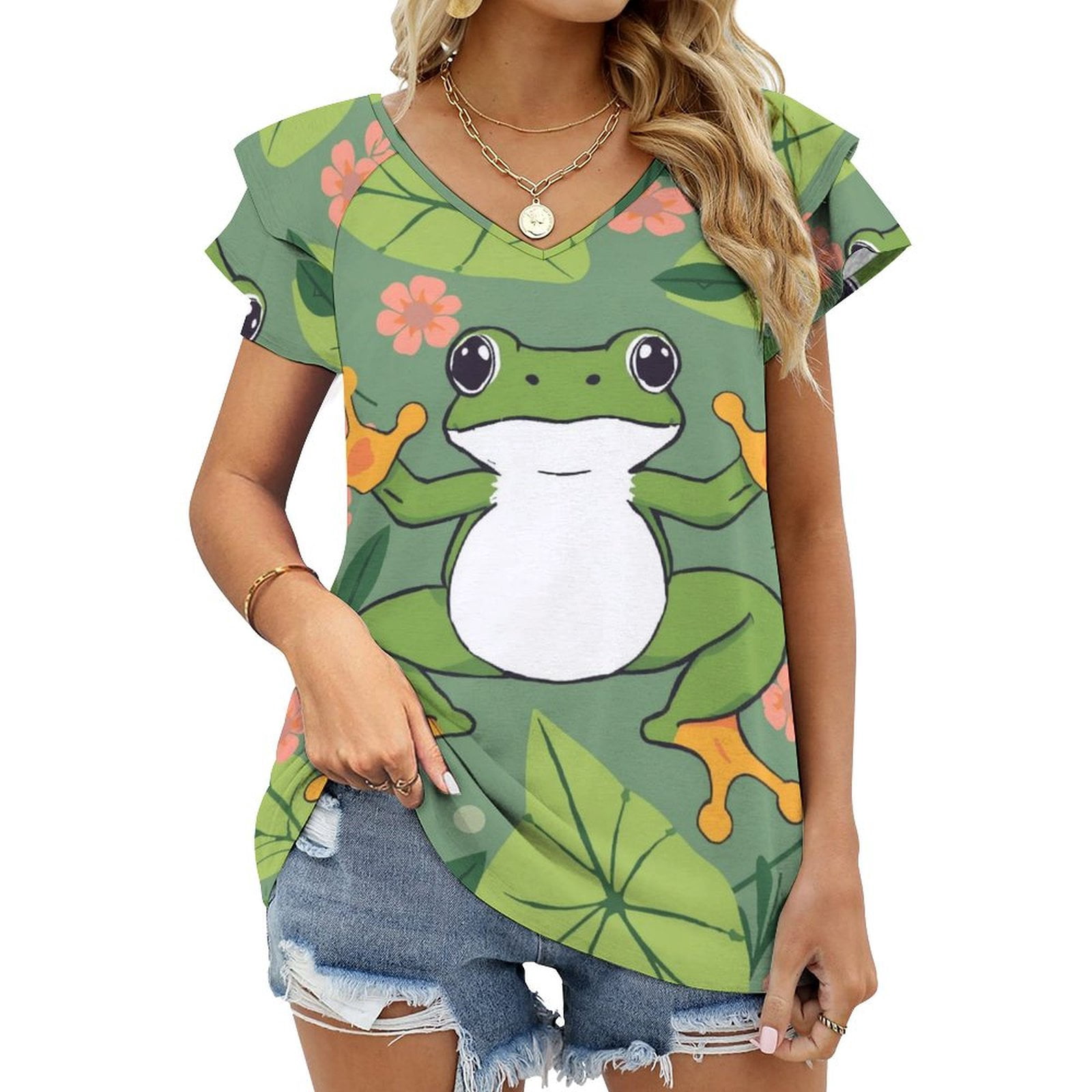 Cartoon Frog Women T Shirt V Neck Top Lotus Leaf Neck Women Clothing ...