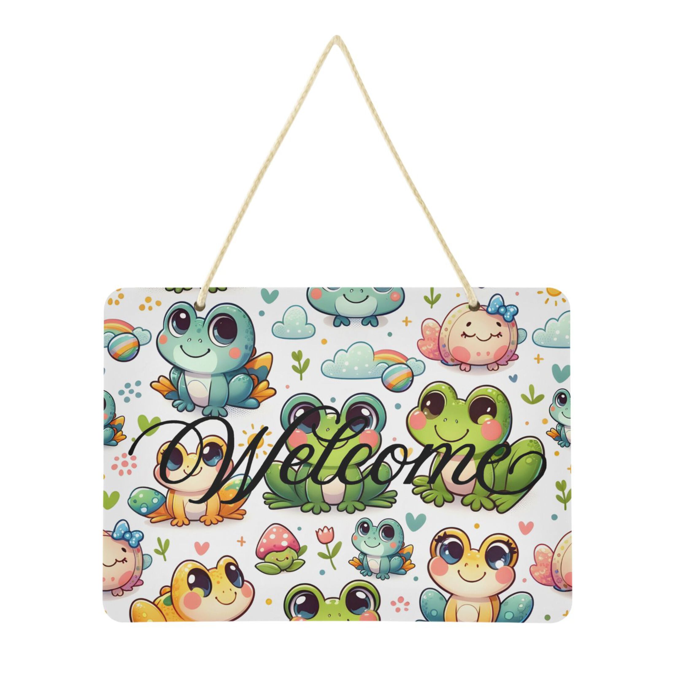 Cartoon Frog with Cloud Welcome Sign Front Door PVC 14x10 inch Hanger ...