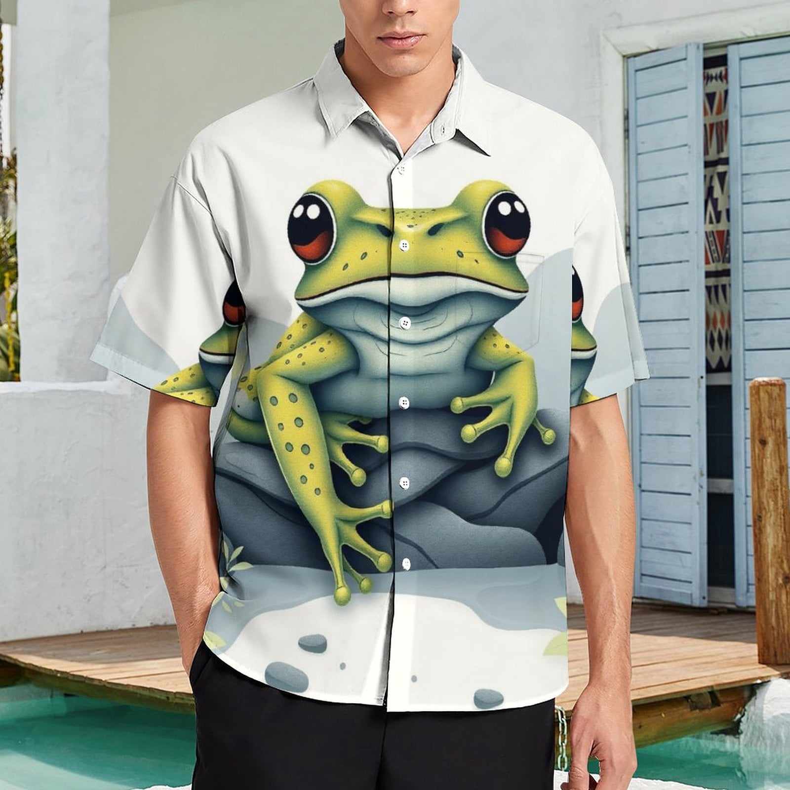 Cartoon FrogLoose Shirt Male Vacation Field with Irises Casual Shirts ...