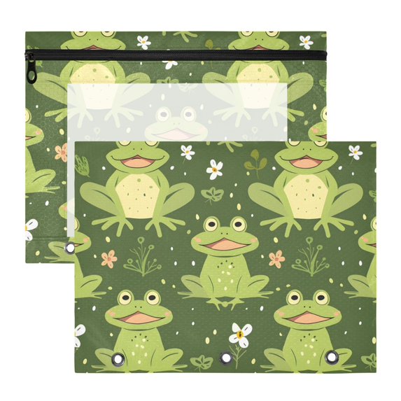 Cartoon Frogs Leaves Flowers 3-Ring Binder Pouches A4 Size Zipper ...