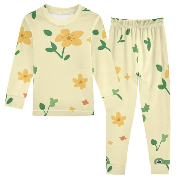 Cartoon Frogs with Flowers and Leaves Cotton Pajama Set Long Sleeve Top ...