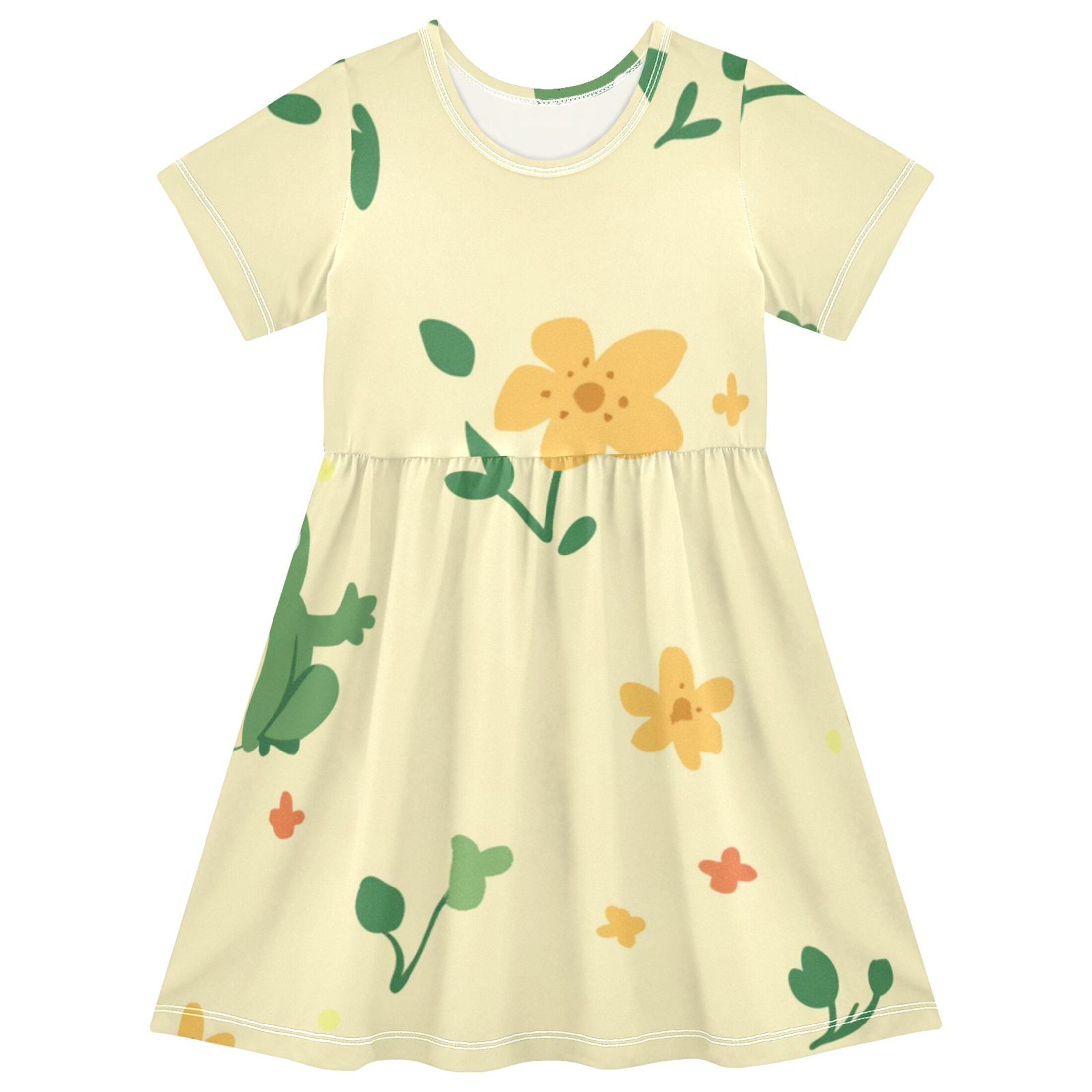 Cartoon Frogs with Flowers and Leaves Girls' Short Sleeve Dress A-Line ...