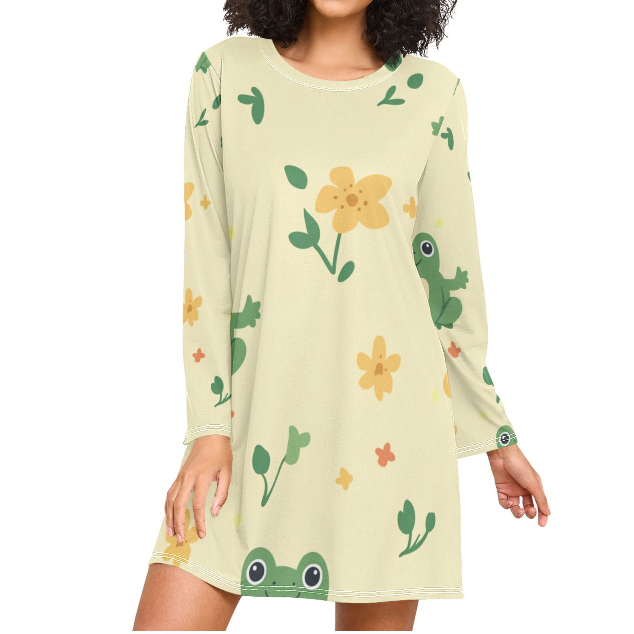 Cartoon Frogs with Flowers and Leaves Women's Long Sleeves Nightgowns ...