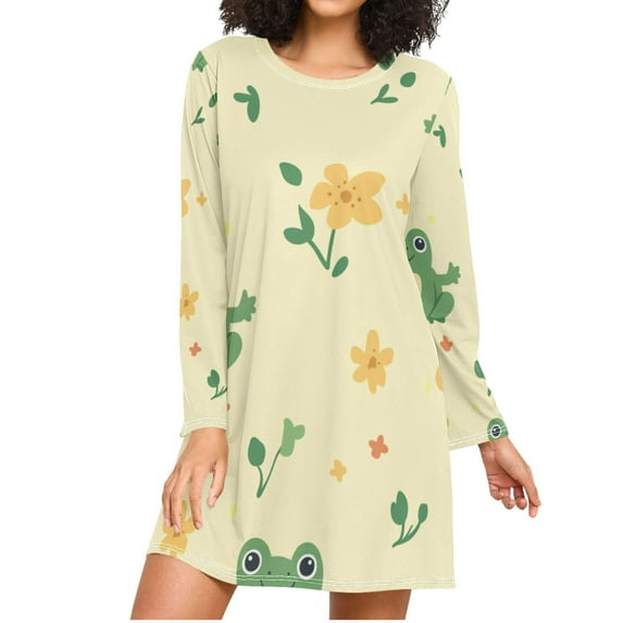 Cartoon Frogs with Flowers and Leaves Women's Long Sleeves Nightgowns ...