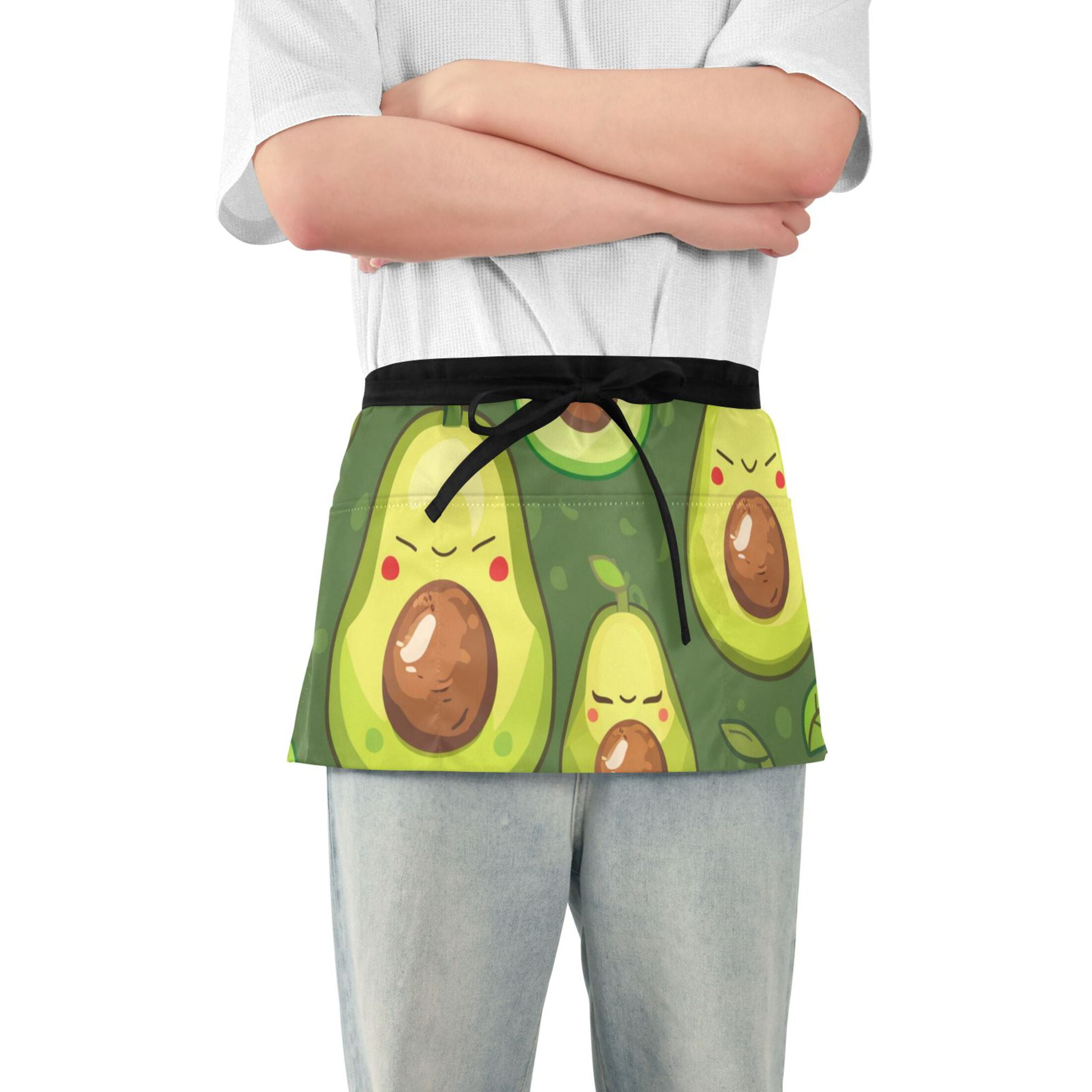 Cartoon Fruit Cute Avocados Leaves Short Server Apron with 3 Pockets ...