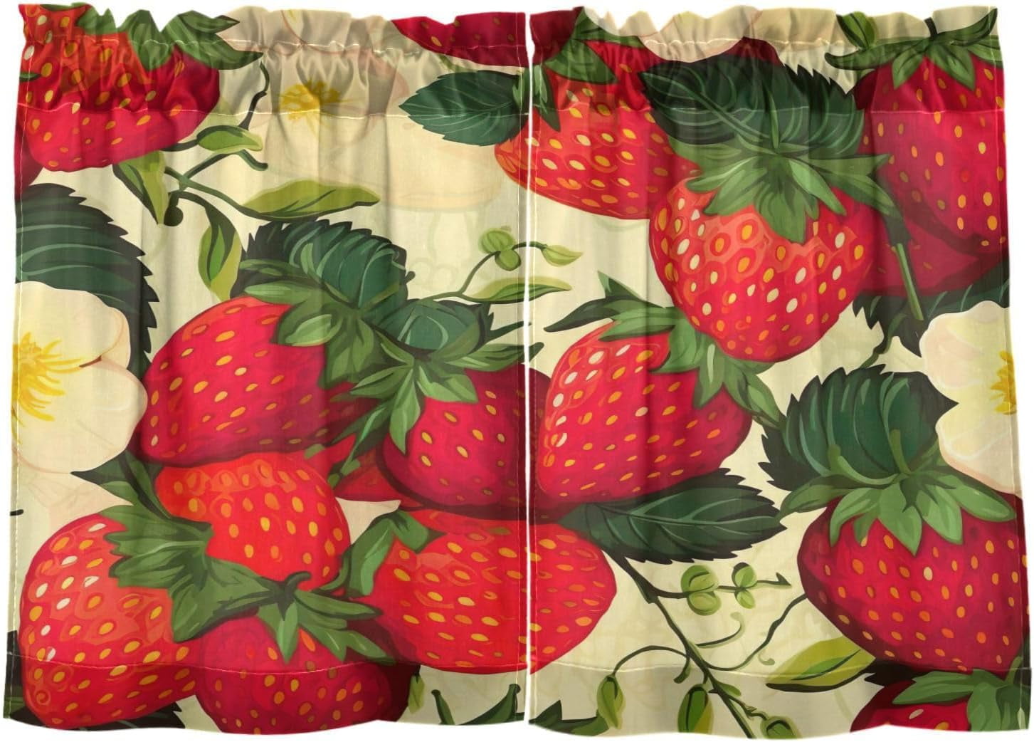 Cartoon Fruit Strawberry Red Kitchen Curtains 36 Inch Length Short Tier ...