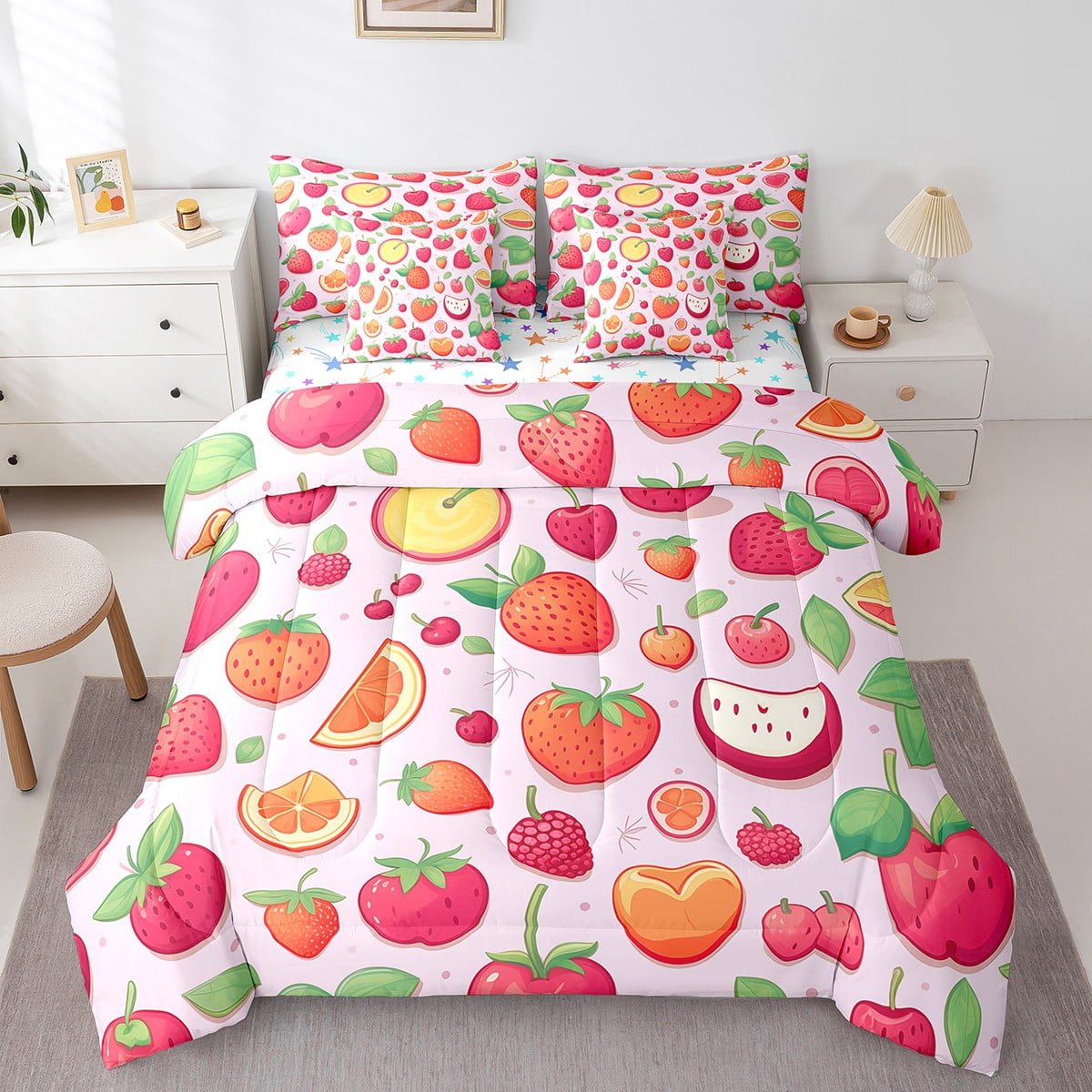 Cartoon Fruits 7 Pcs Comforter Set King Size Strawberry Orange Cute ...