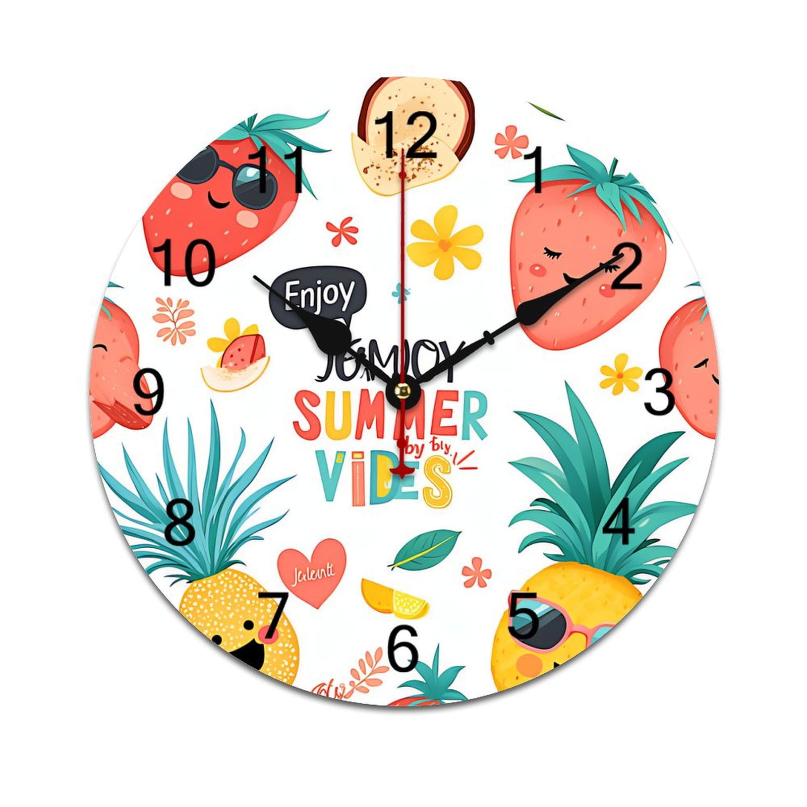 Cartoon Fruits Printed Silent Wall Clock Round Kitchen Clock Chic Quiet ...