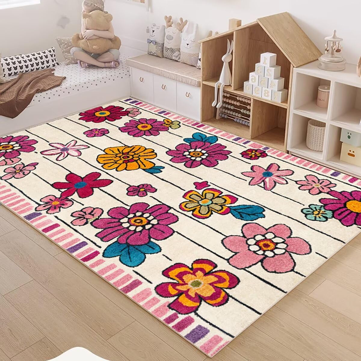 Cartoon Fuchsia Pink Floral Area Rug Colorful Flowers Cute Kids Rug For ...