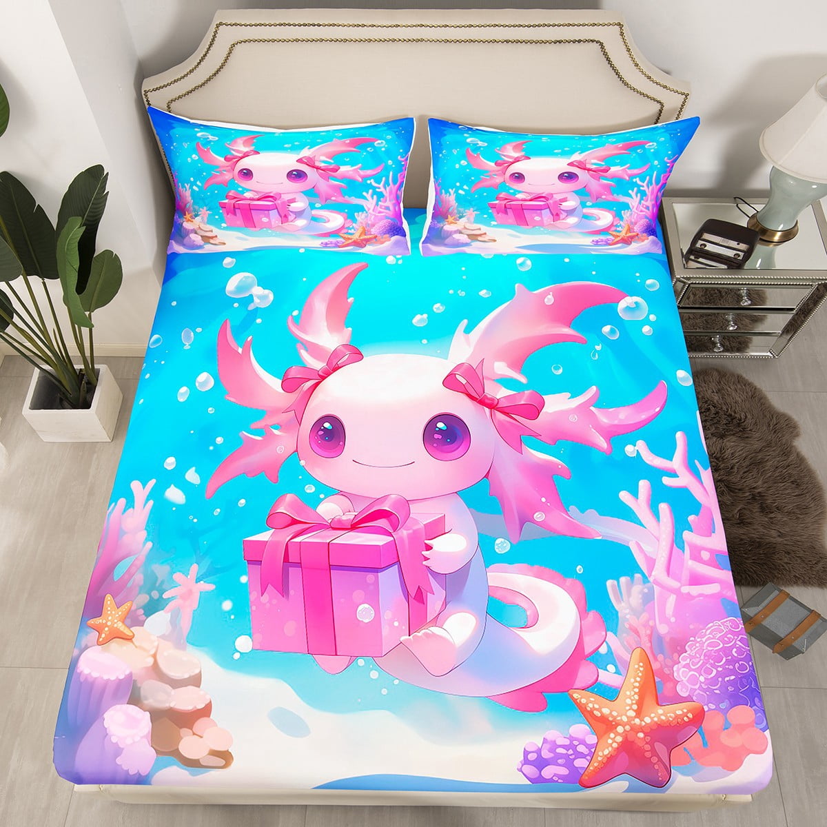 Cartoon Full Axolotl Bed Sheets Kawaii Coastal Animals Fitted Sheet ...