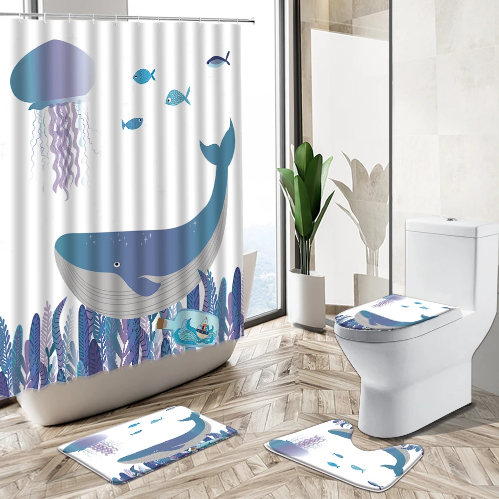 Cartoon Fun Dolphin Shower Curtain Set Marine Animal Anchor Lighthouse ...
