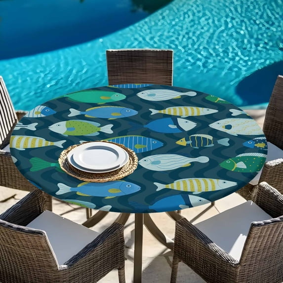 Cartoon Funny Blue Stripes Little Fish Round Fitted Tablecloth with ...