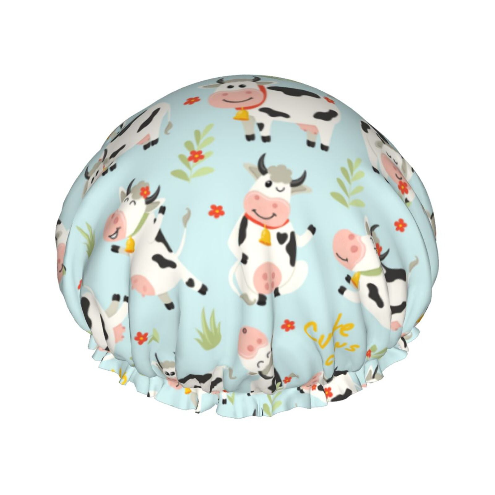 Cartoon Funny Cute Cow Flower Shower Cap for Women, Double Waterproof ...