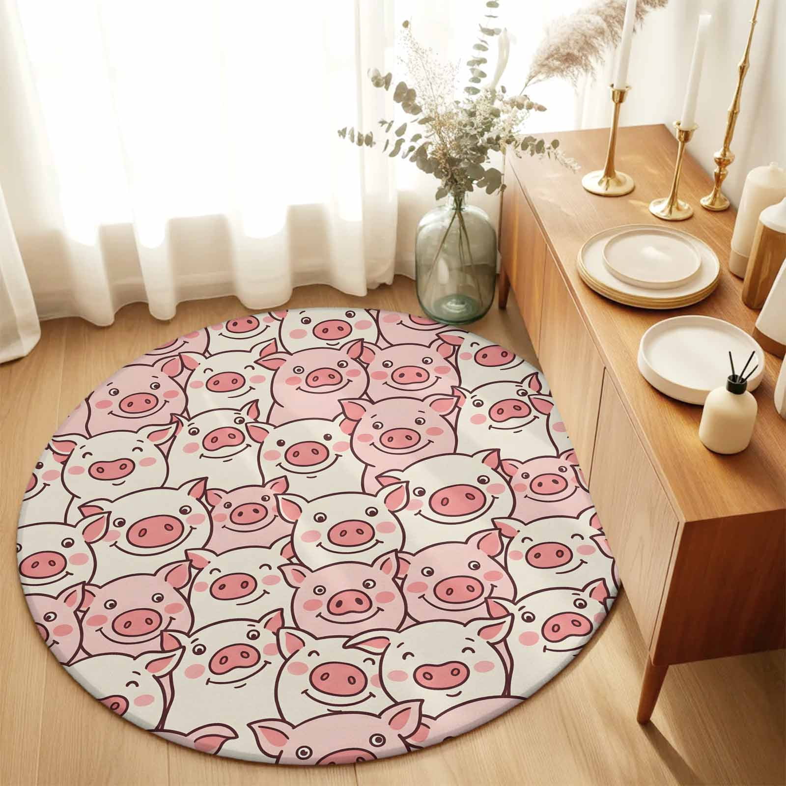 Cartoon Funny Cute Pink Pig Round Area Rug 3ft,Living Room Rug Non-Slip ...