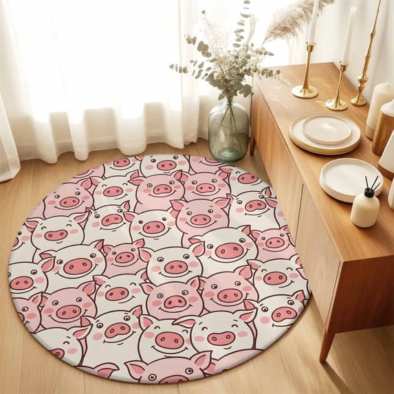 Cartoon Funny Cute Pink Pig Round Area Rug 3ft,Living Room Rug Non-Slip ...
