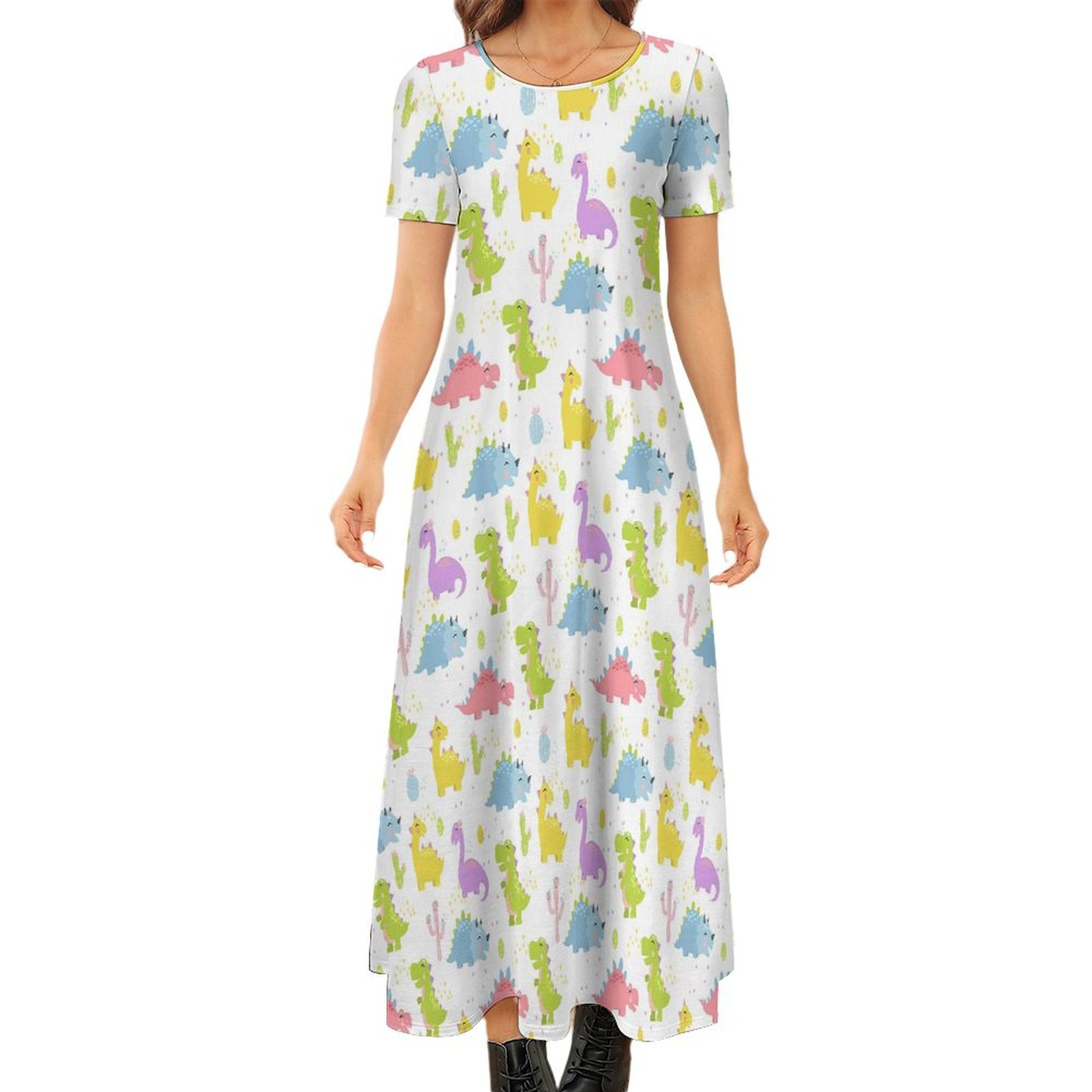 Cartoon Funny Dinosaurs with Cactus Maxi Dress for Women Crew Neck ...