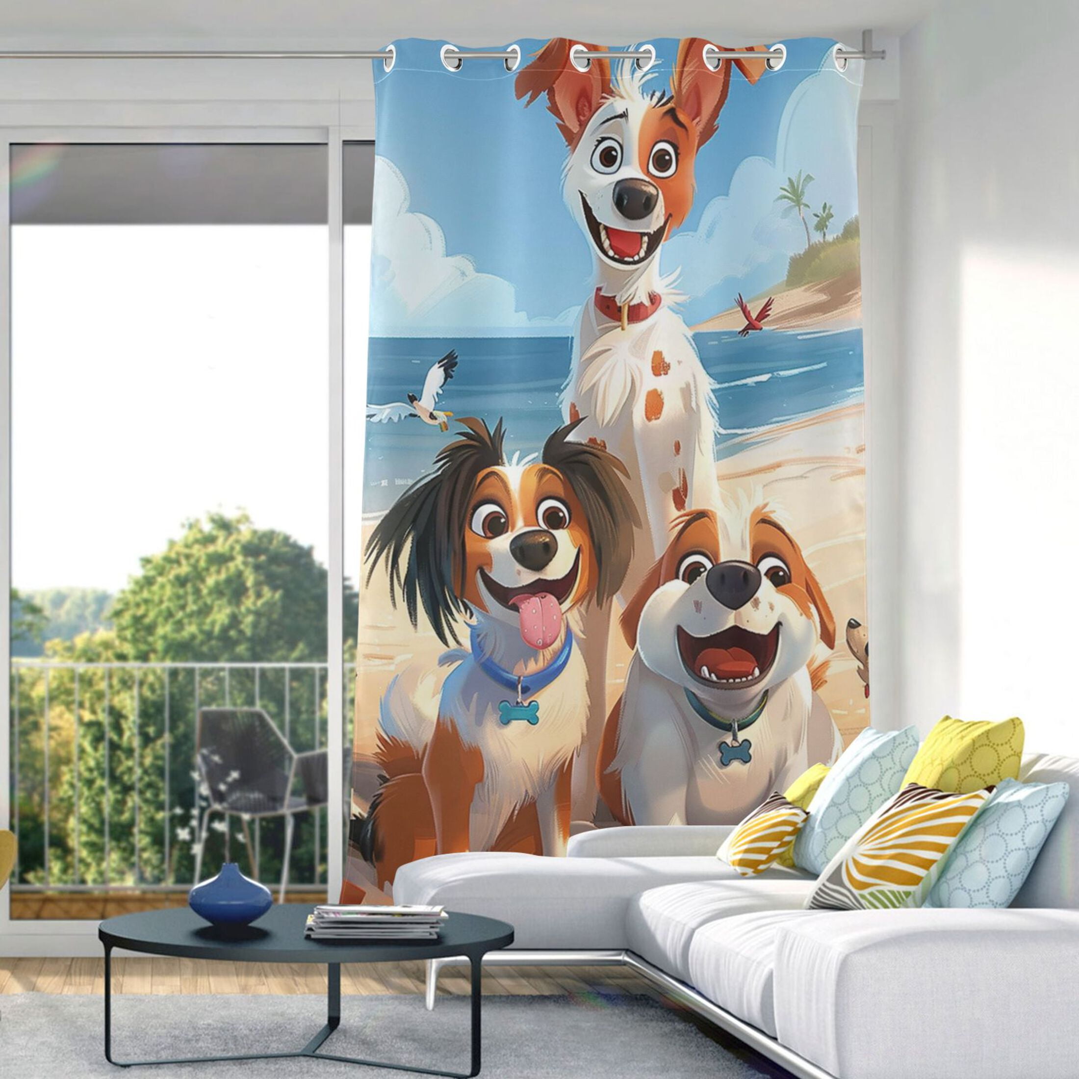 Cartoon Funny Dogs Seaside Curtain Light Filtering Thermal Insulated ...