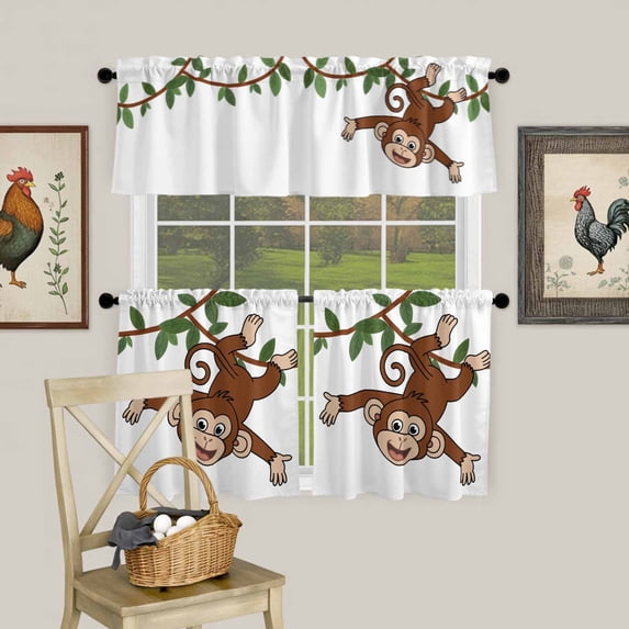Cartoon Funny Monkey Green Leaves on White Curtain Tier and Valance Set ...