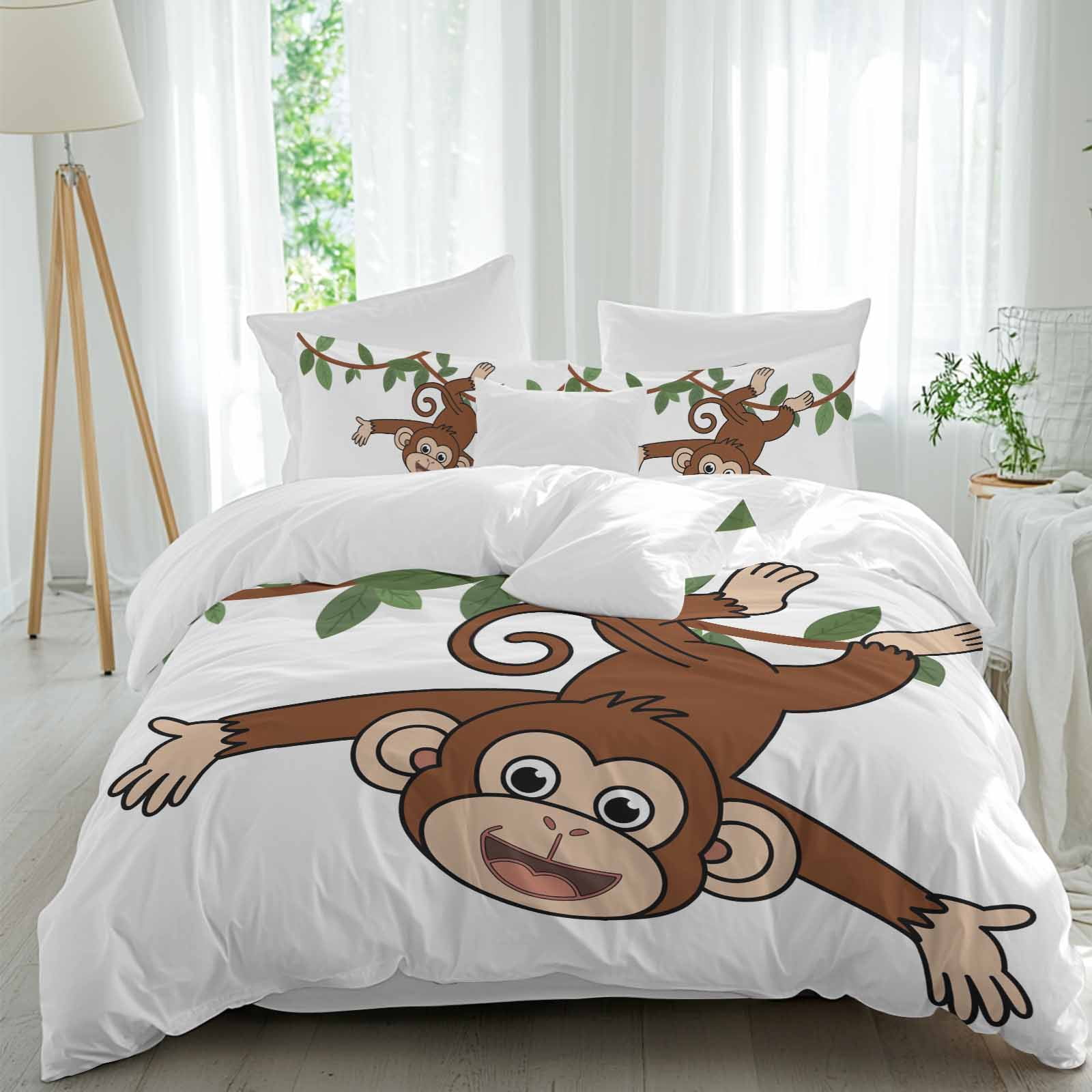 Cartoon Funny Monkey Green Leaves on White Full Size Bed Set,Country ...