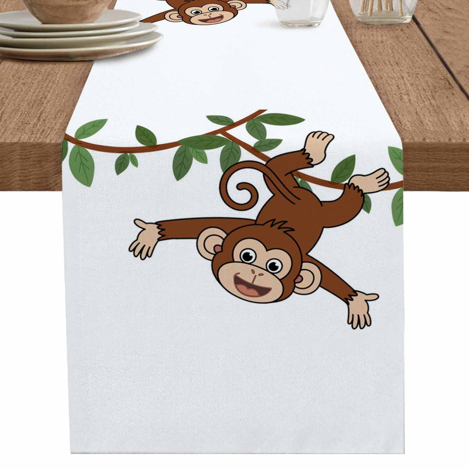 Cartoon Funny Monkey Green Leaves on White Table Runner-70 Inch Long ...
