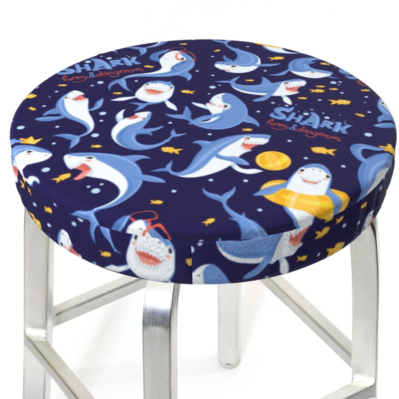 Cartoon Funny Shark Blue_A Round Bar Stool Covers, Soft Velvet Bar ...