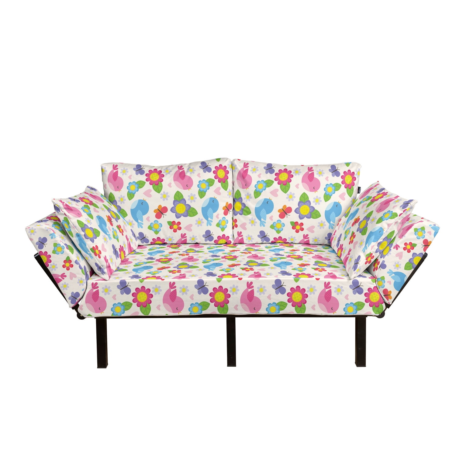 Cartoon Futon Couch, Birds Heart Flowers and Butterflies Pattern in ...