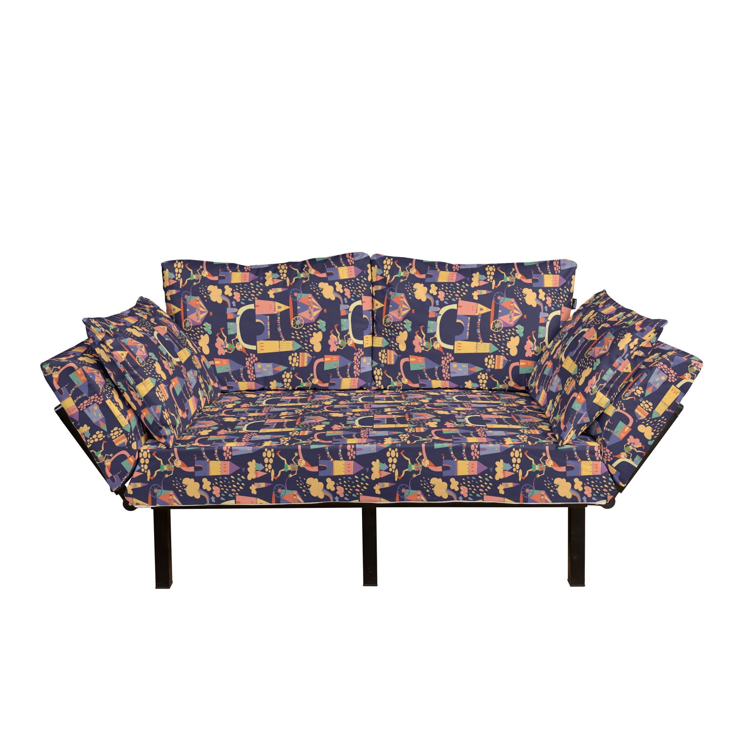 Cartoon Futon Couch, Carnival Pattern with Circus Carts Doodle Style ...