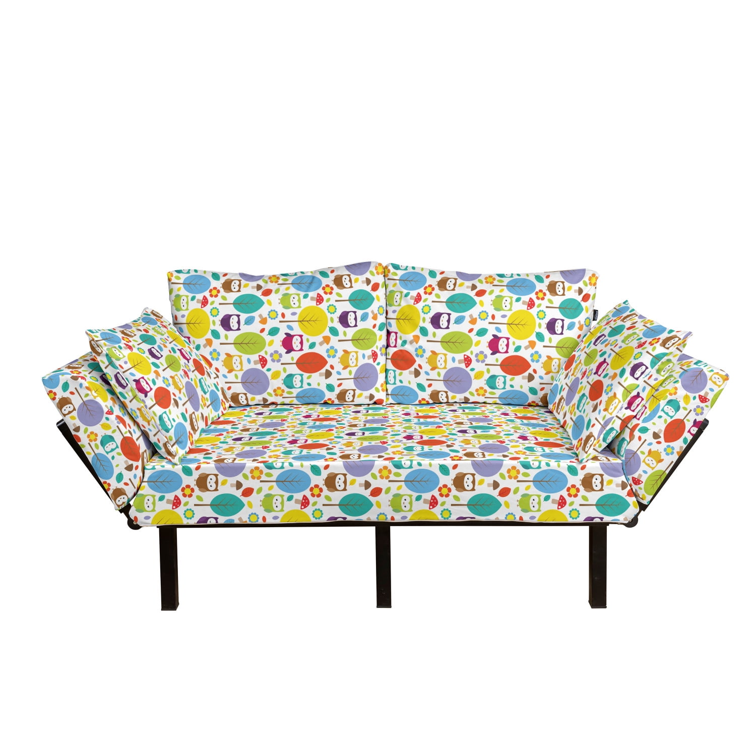 Cartoon Futon Couch, Colorful Forest with Owls Trees Leafs Mushrooms ...