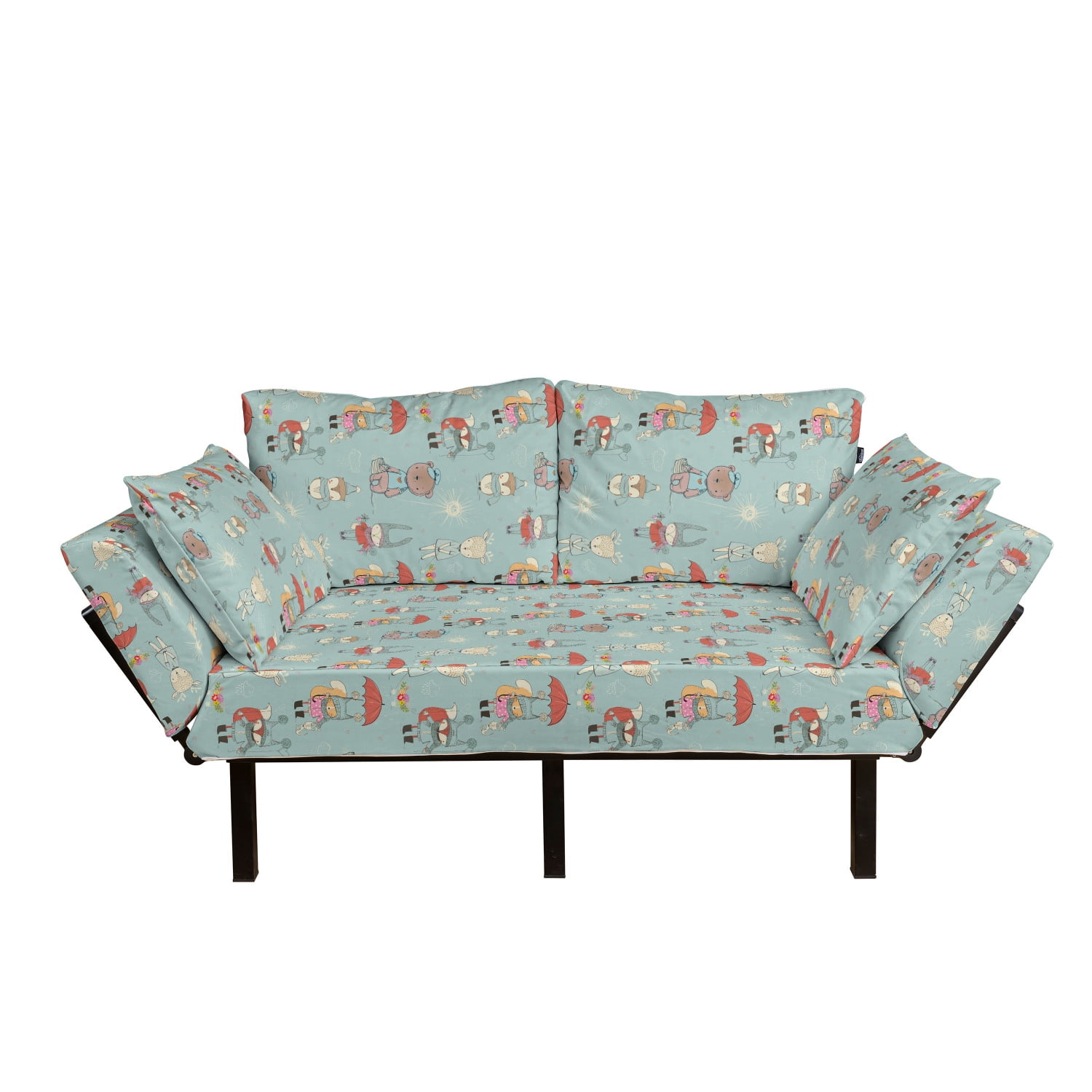 Cartoon Futon Couch, Doodle Pattern Composition with Forest Wildlife ...