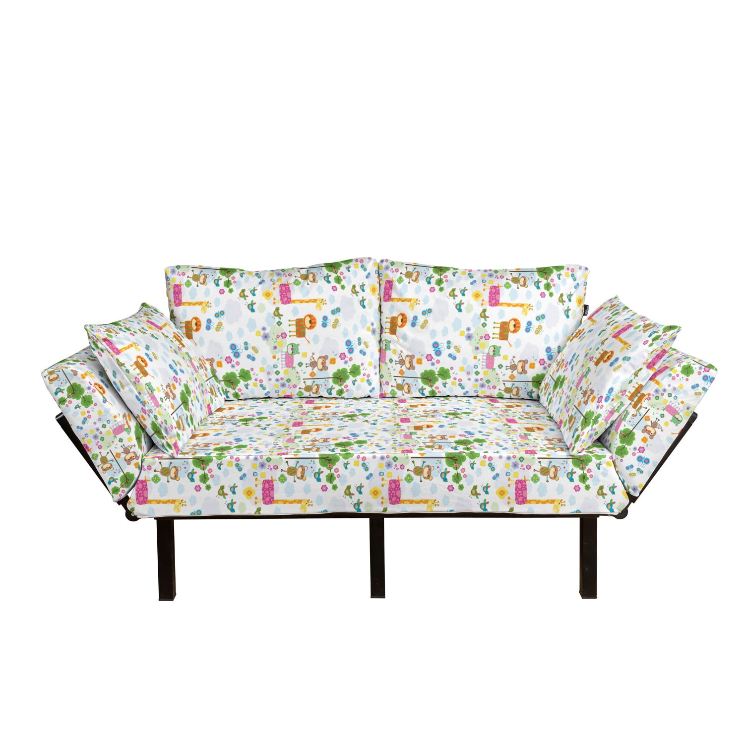 Cartoon Futon Couch, Floral Background with Funny and Animals Giraffe ...