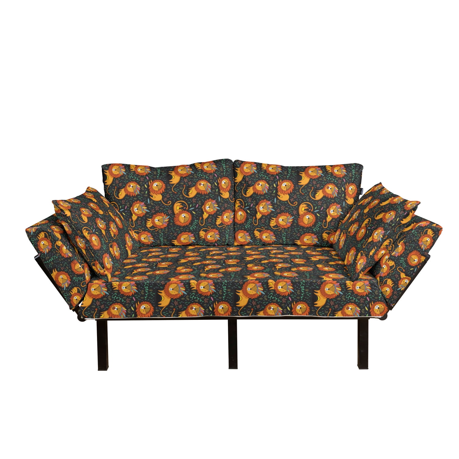 Cartoon Futon Couch, Lions Illustrations in Tribal Theme Feathers and ...