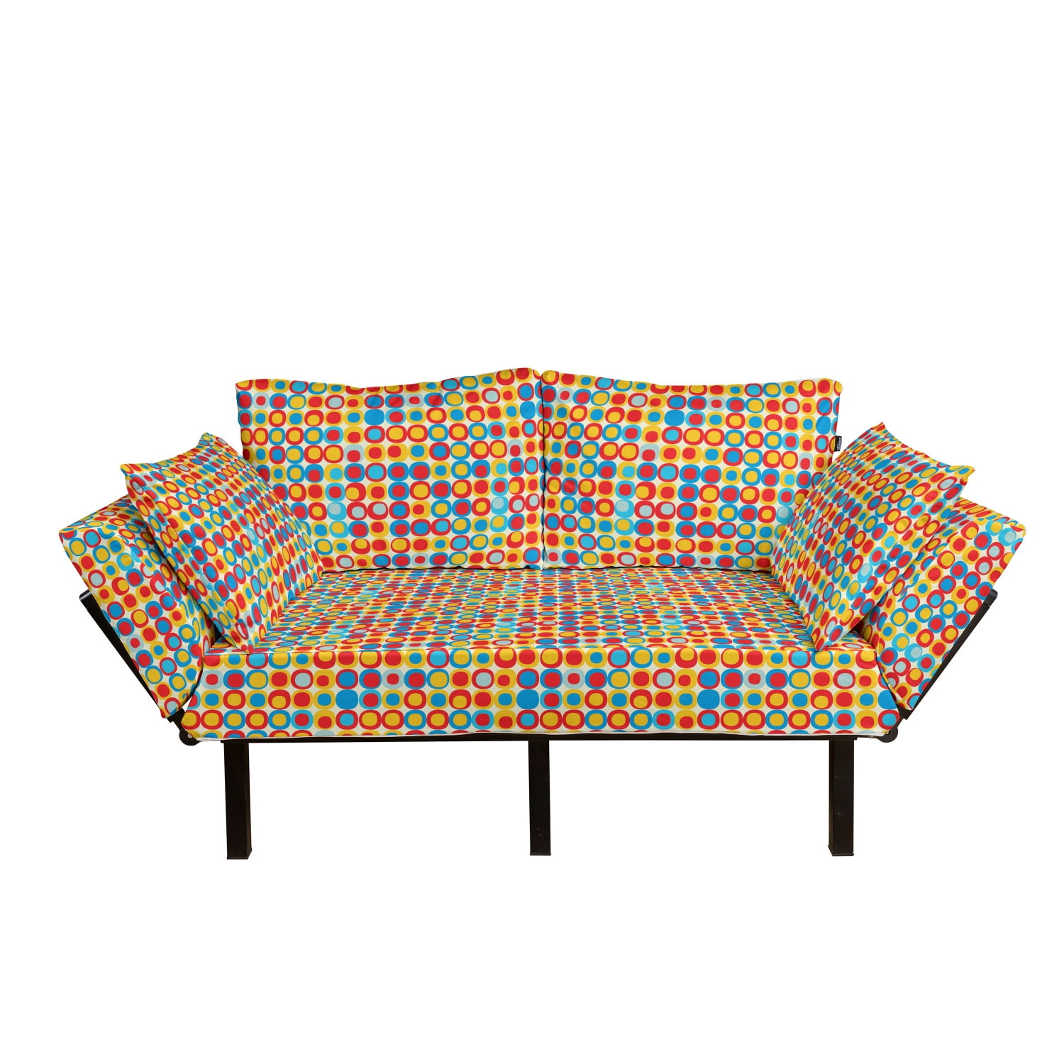 Cartoon Futon Couch, Retro Style Circles with Grid Mosaic Pattern ...