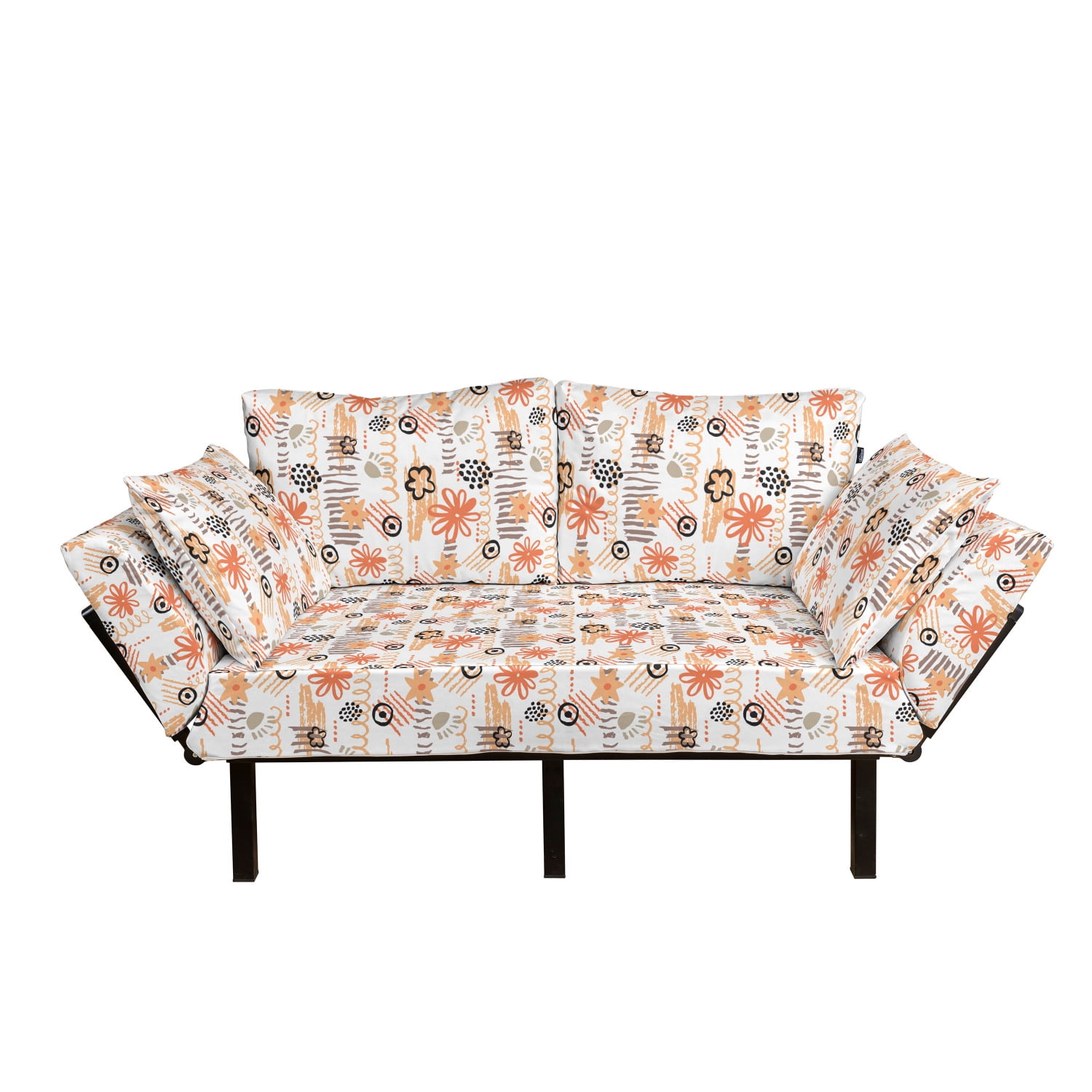 Cartoon Futon Couch, Simplistic Pastel Toned Flowers and Stripes Clouds ...