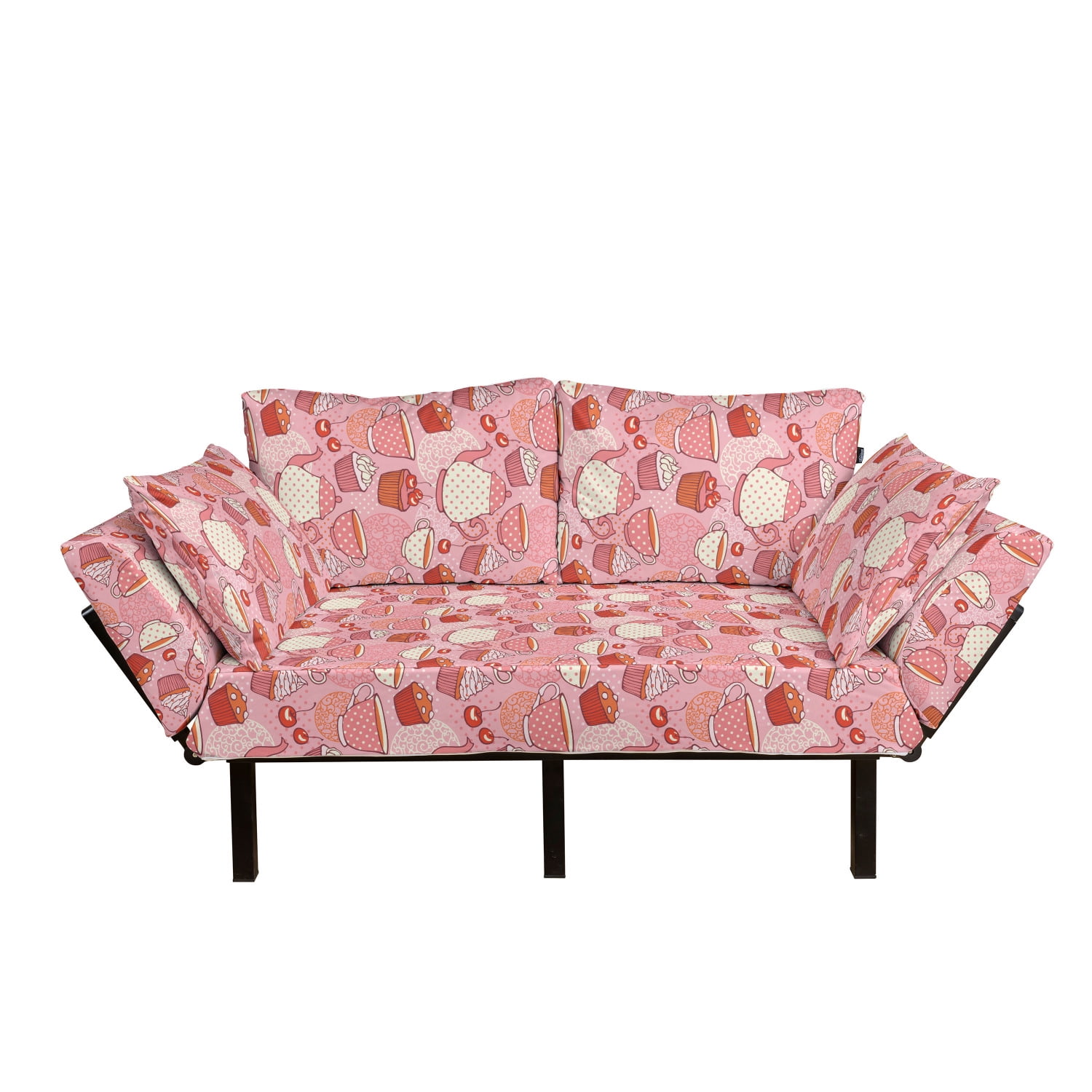 Cartoon Futon Couch, Teapots Cups with Polka Dots Patterns Cherries ...