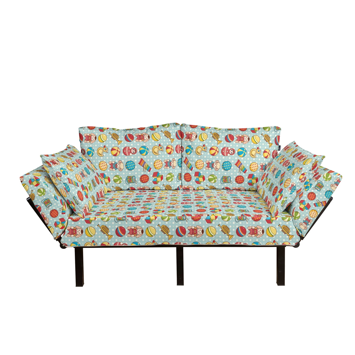 Cartoon Futon Couch, Vintage Old Toys Pattern on Polka Dotted ...