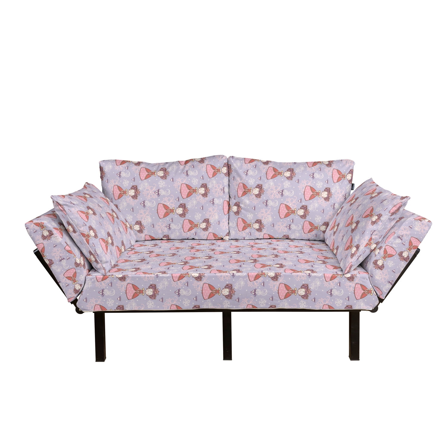 Cartoon Futon Couch, Vintage Pattern of Cartoon Girls with Teacups on a ...