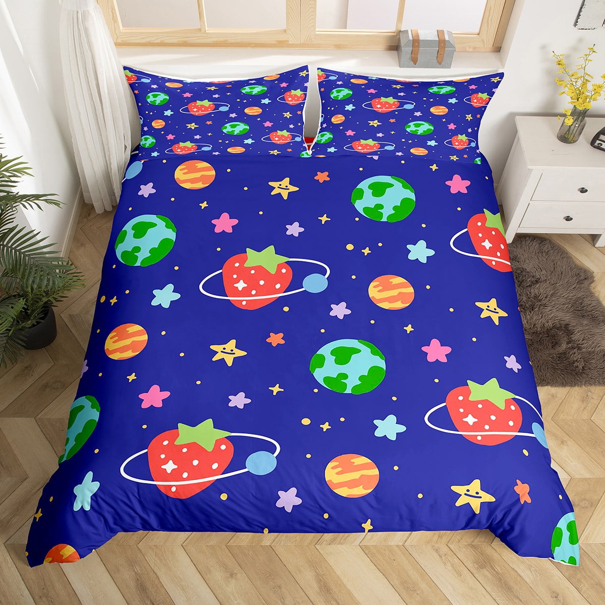 Cartoon Galaxy Duvet Cover Full Size,Kawaii Strawberry Planets ...