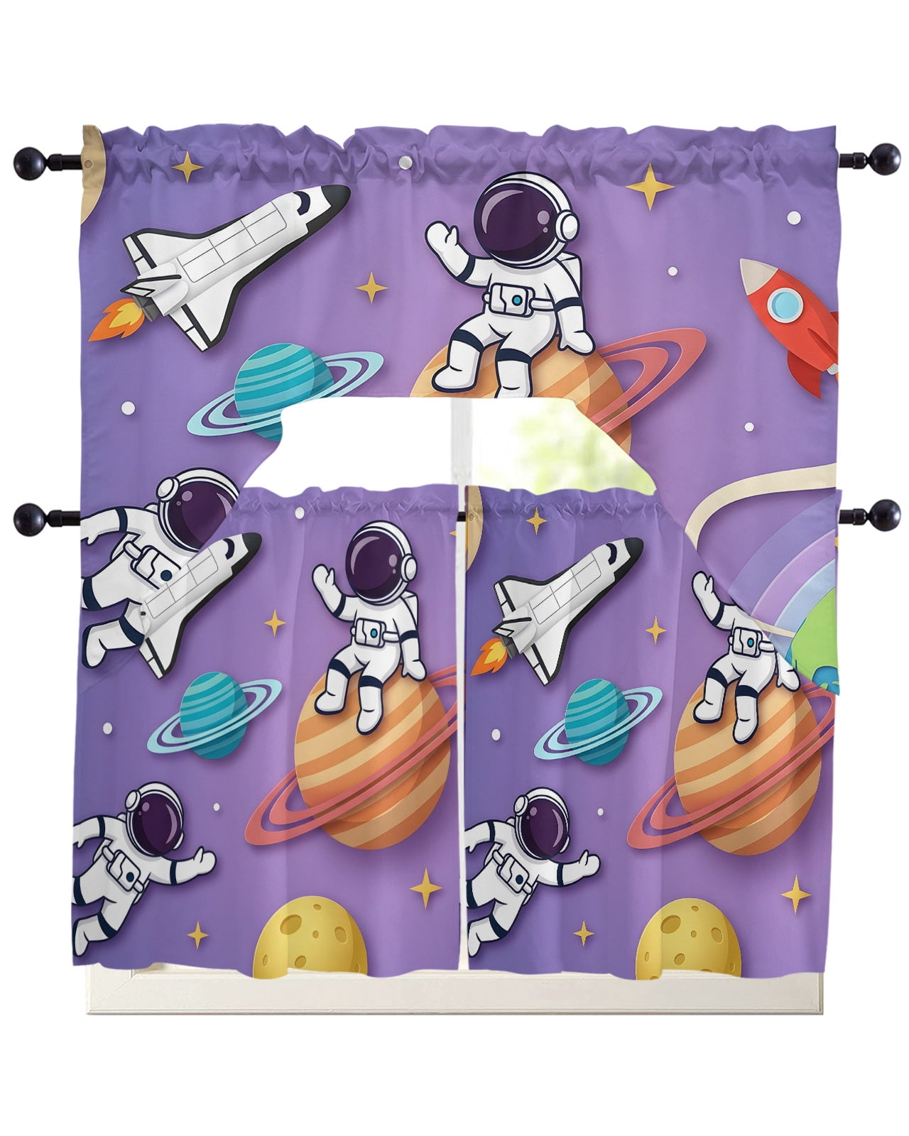 Cartoon Galaxy Kitchen Curtains Set for Windows 3 Piece Cafe Curtains ...